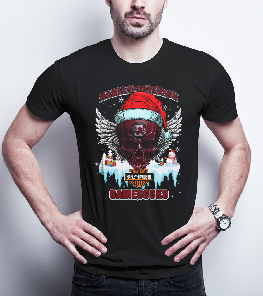 Harley Davidson Gamecocks Christmas Skull With Santa Hat And Snowman T-Shirt