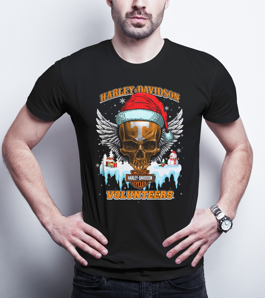 Harley Davidson Motor Cycles Tennessee Volunteers Santa Skull T-Shirt