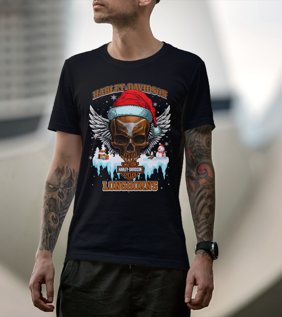 Harley Davidson Motor Cycles Longhorns Santa Skull Wings T-Shirt