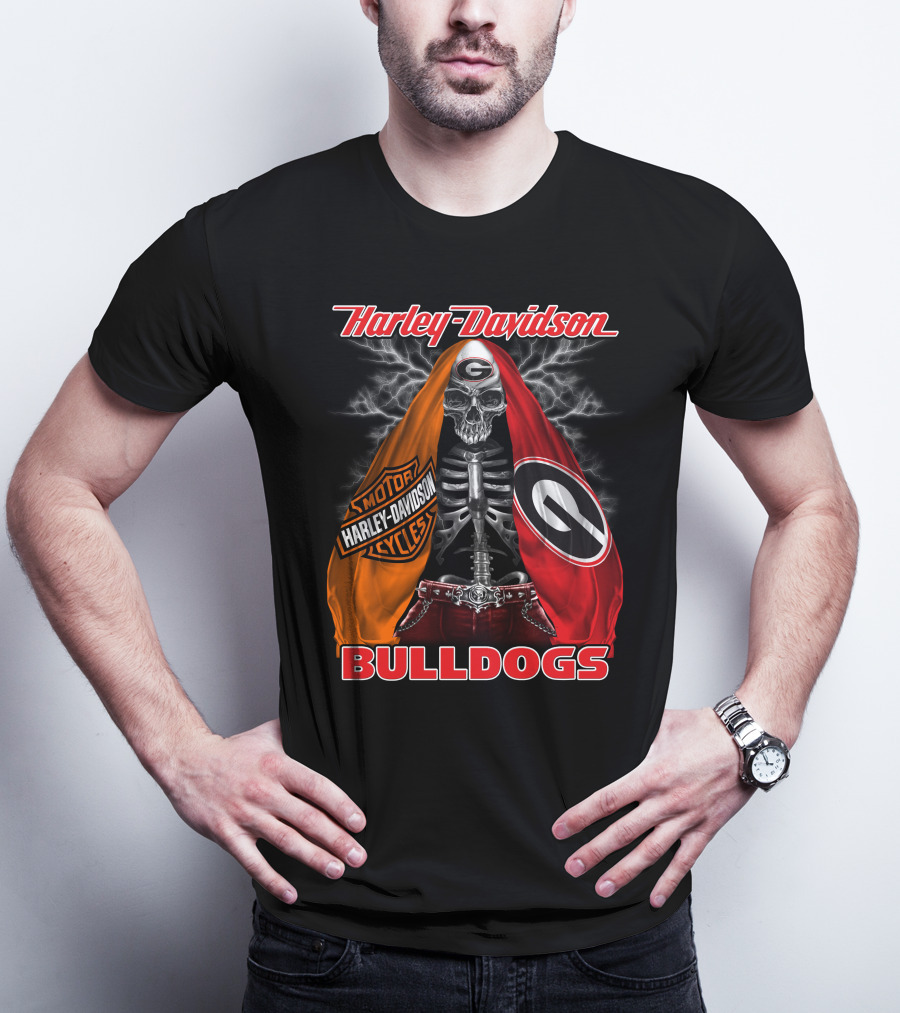 Harley Davidson Georgia Bulldogs Skeleton Lightning Motorcycles T-Shirt
