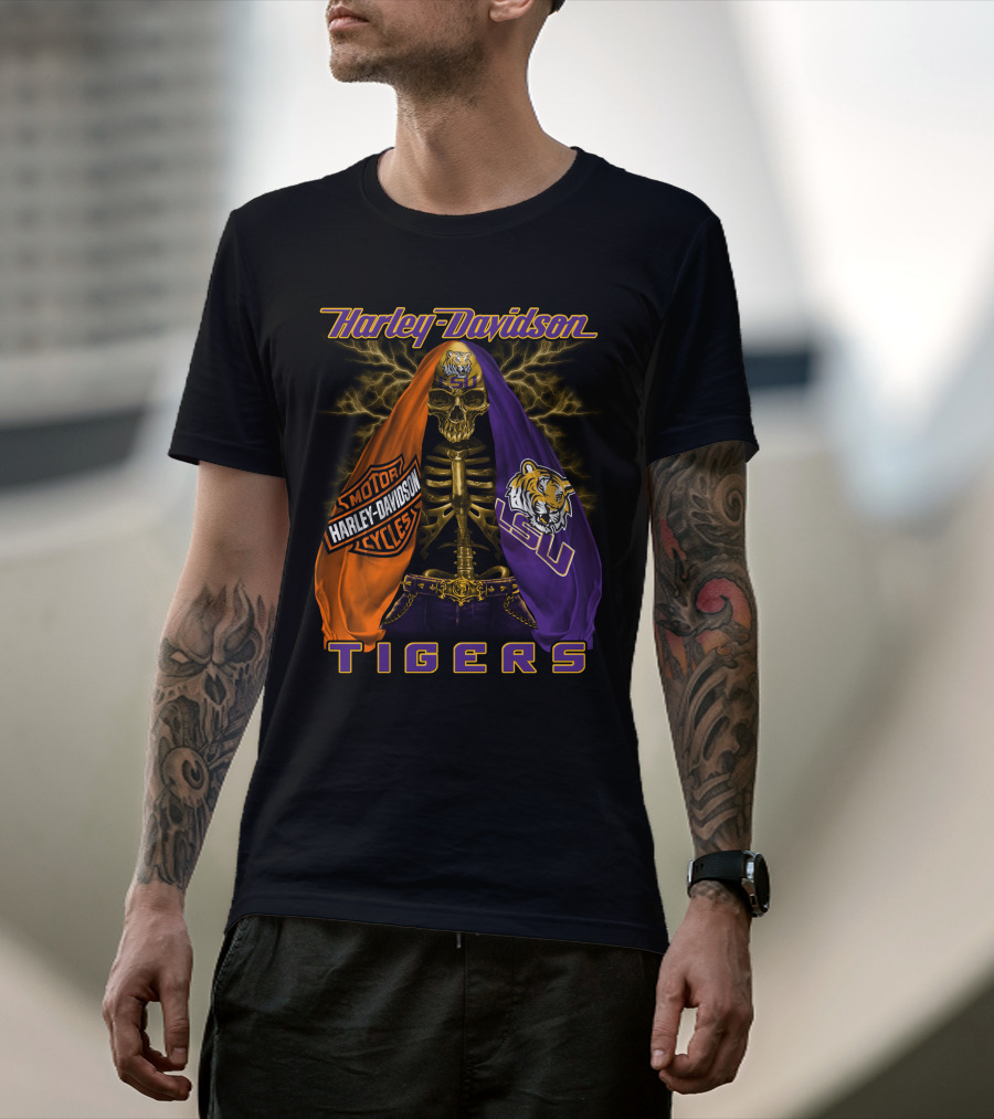 Harley Davidson Lsu Tigers Skeleton Motorcycles T-Shirt