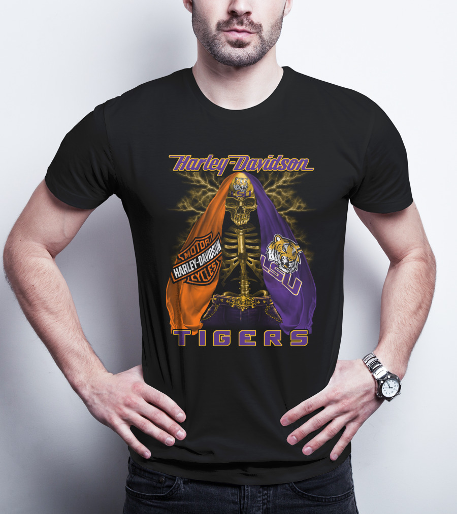 Harley Davidson Lsu Tigers Skeleton Motorcycles T-Shirt