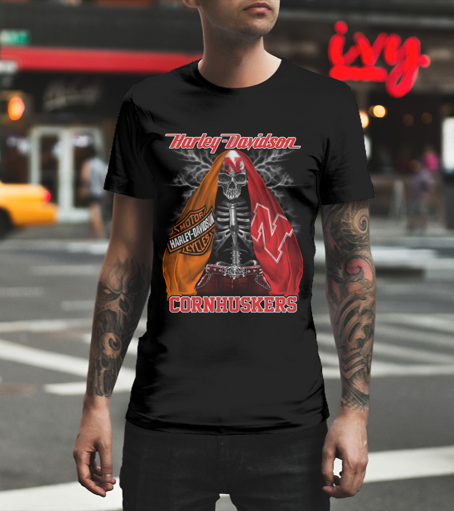 Harley Davidson Nebraska Cornhuskers Skeleton With Logo Cloak T-Shirt