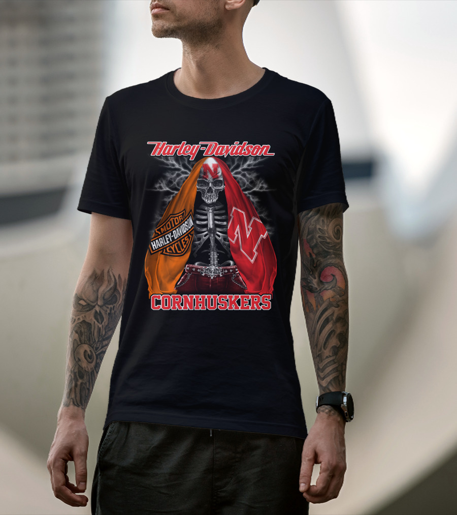 Harley Davidson Nebraska Cornhuskers Skeleton With Logo Cloak T-Shirt