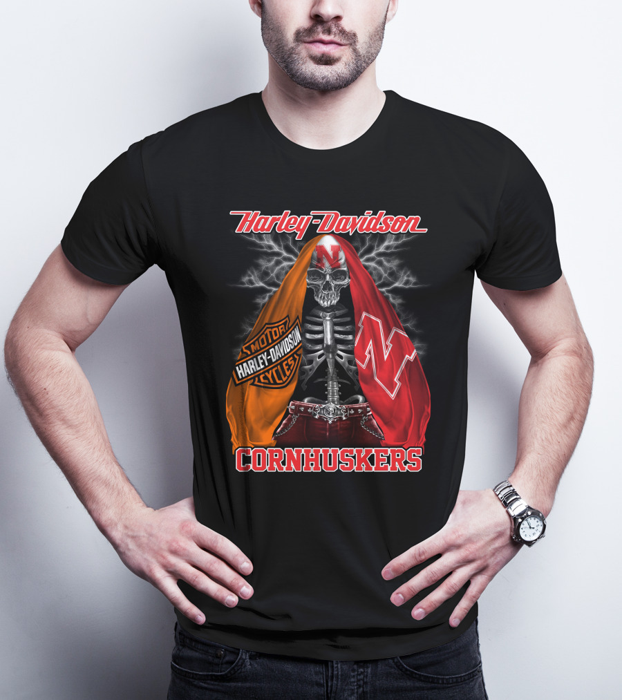 Harley Davidson Nebraska Cornhuskers Skeleton With Logo Cloak T-Shirt