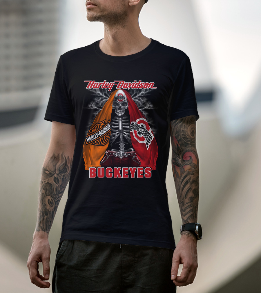 Harley Davidson Ohio State Buckeyes Skeleton Motocycles T-Shirt
