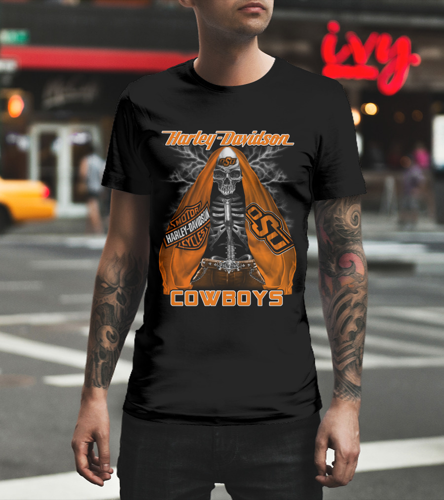 Harley Davidson Oklahoma State Cowboys Skeleton Osu Motorcycle T-Shirt