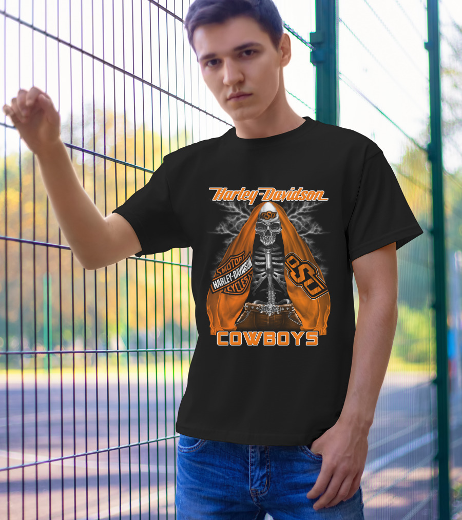 Harley Davidson Oklahoma State Cowboys Skeleton Osu Motorcycle T-Shirt