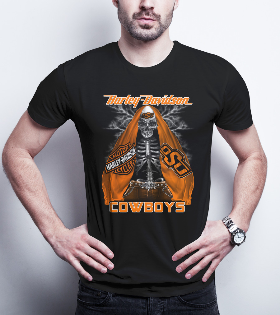 Harley Davidson Oklahoma State Cowboys Skeleton Osu Motorcycle T-Shirt