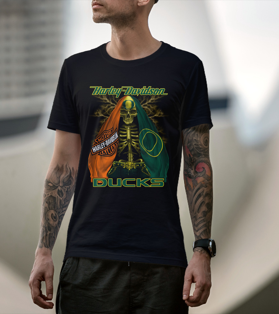 Harley Davidson Motorcycles Ducks Oregon Skeleton T-Shirt