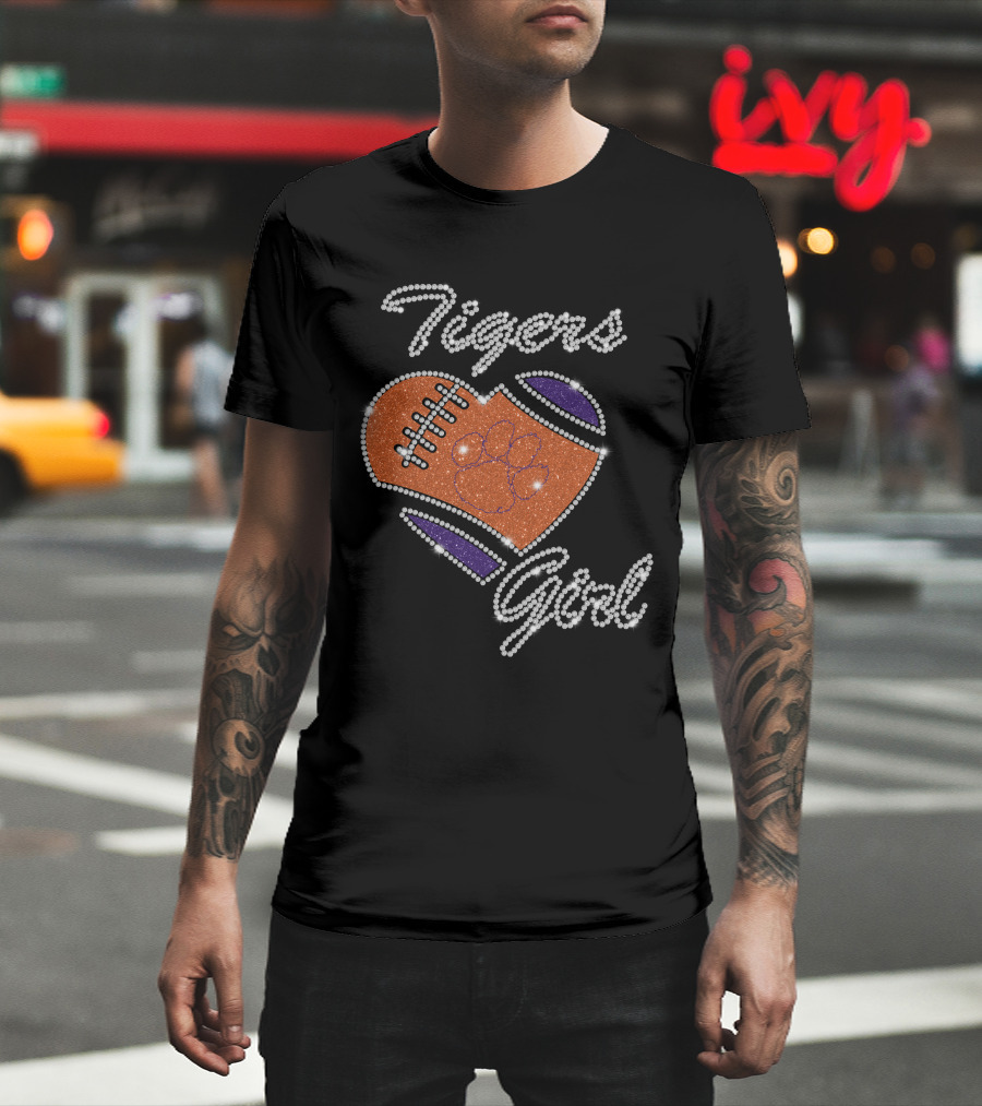 Tigers Girl Heart Football Clemson Paw T-Shirt