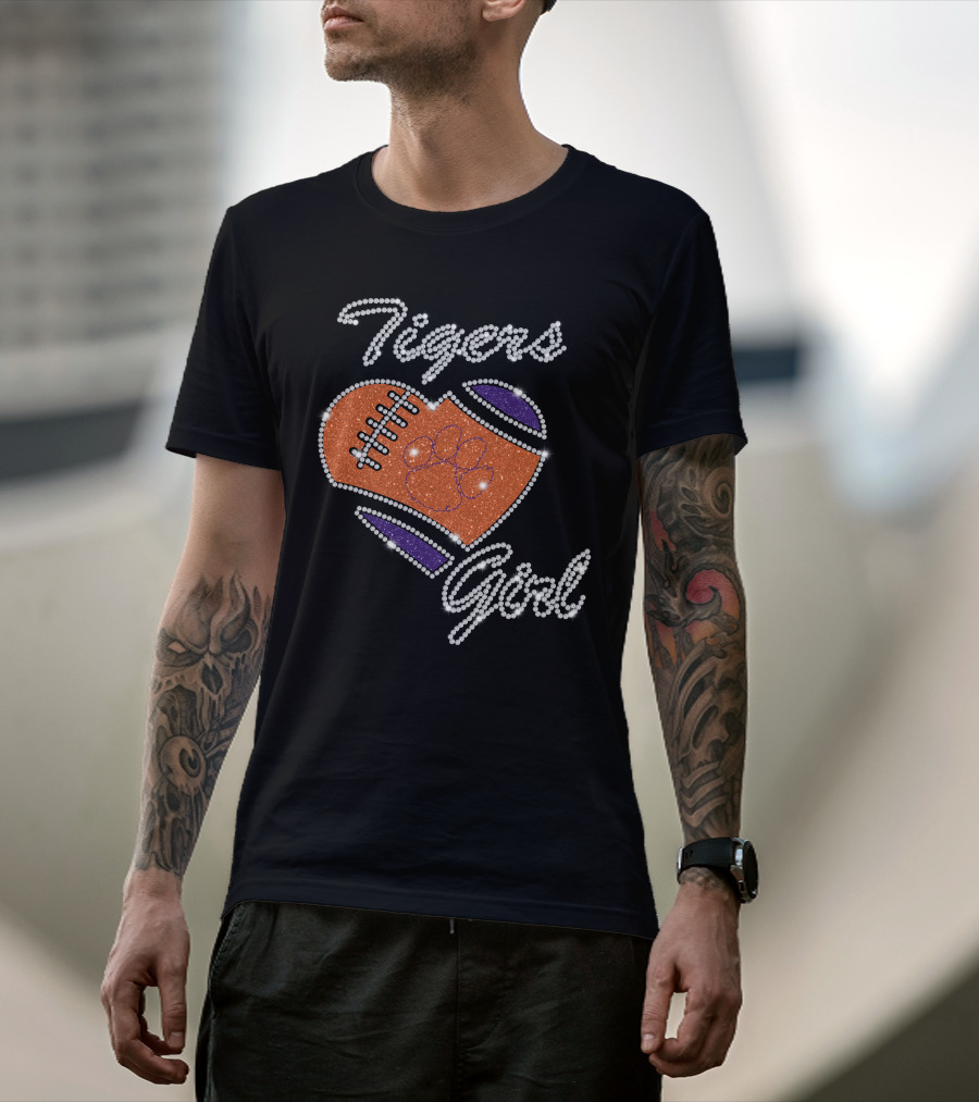 Tigers Girl Heart Football Clemson Paw T-Shirt