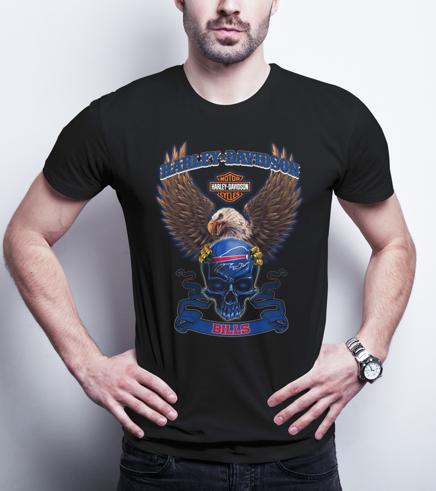 Harley Davidson Motor Cycles Eagle Skull Buffalo Bills T-Shirt