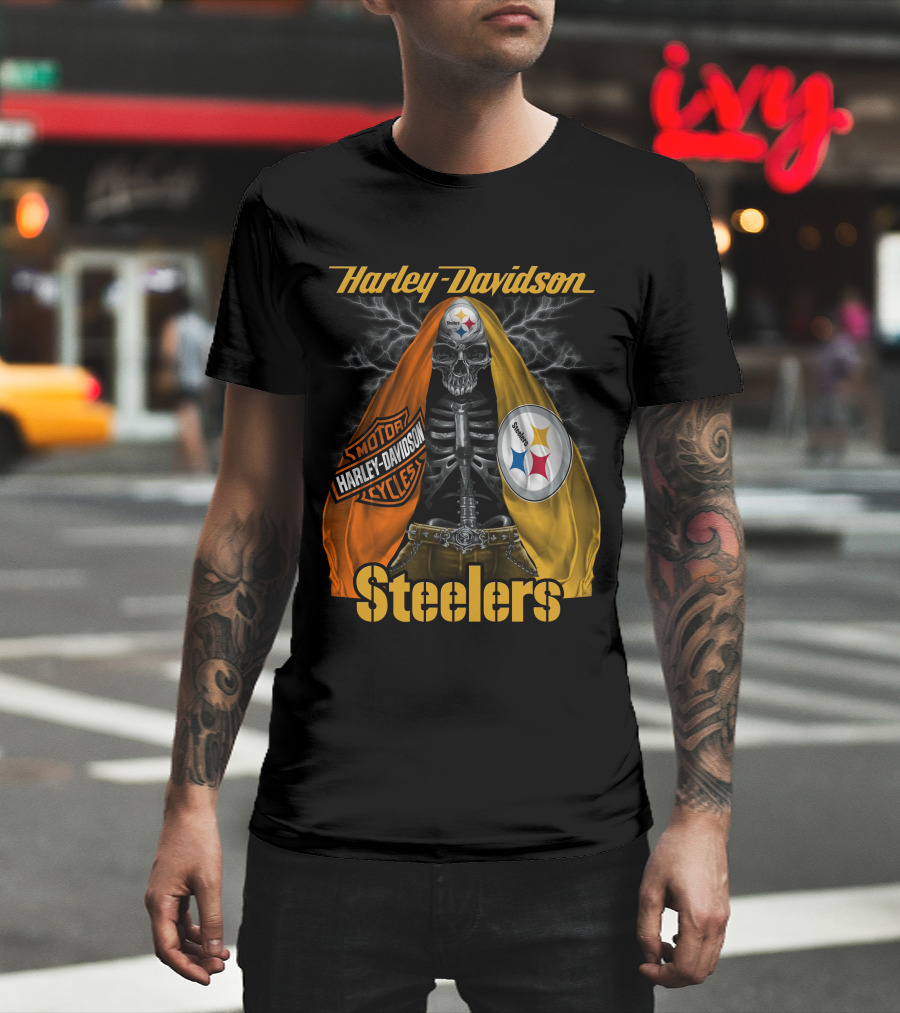 Harley Davidson Steelers Motorcycles Skull With Lightning T-Shirt