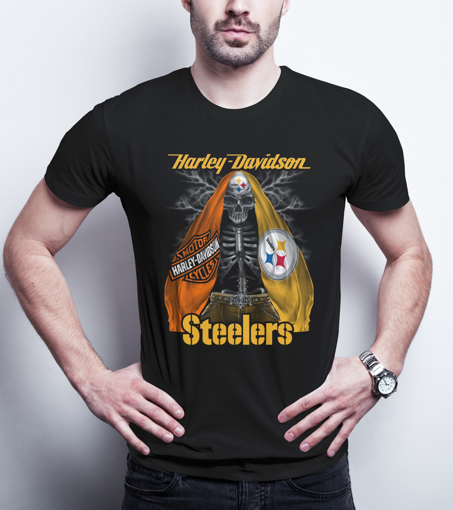 Harley Davidson Steelers Motorcycles Skull With Lightning T-Shirt
