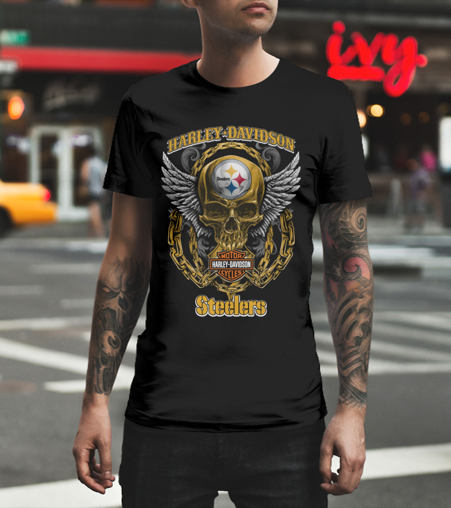 Steelers Harley Davidson Motor Cycles Skull Logo Chain Wings T-Shirt