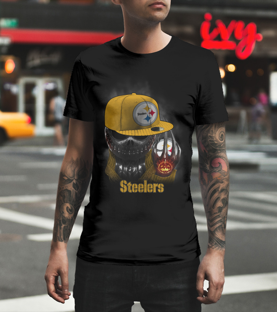 Steelers Skull With Yellow Cap And Pumpkin-Hand T-Shirt