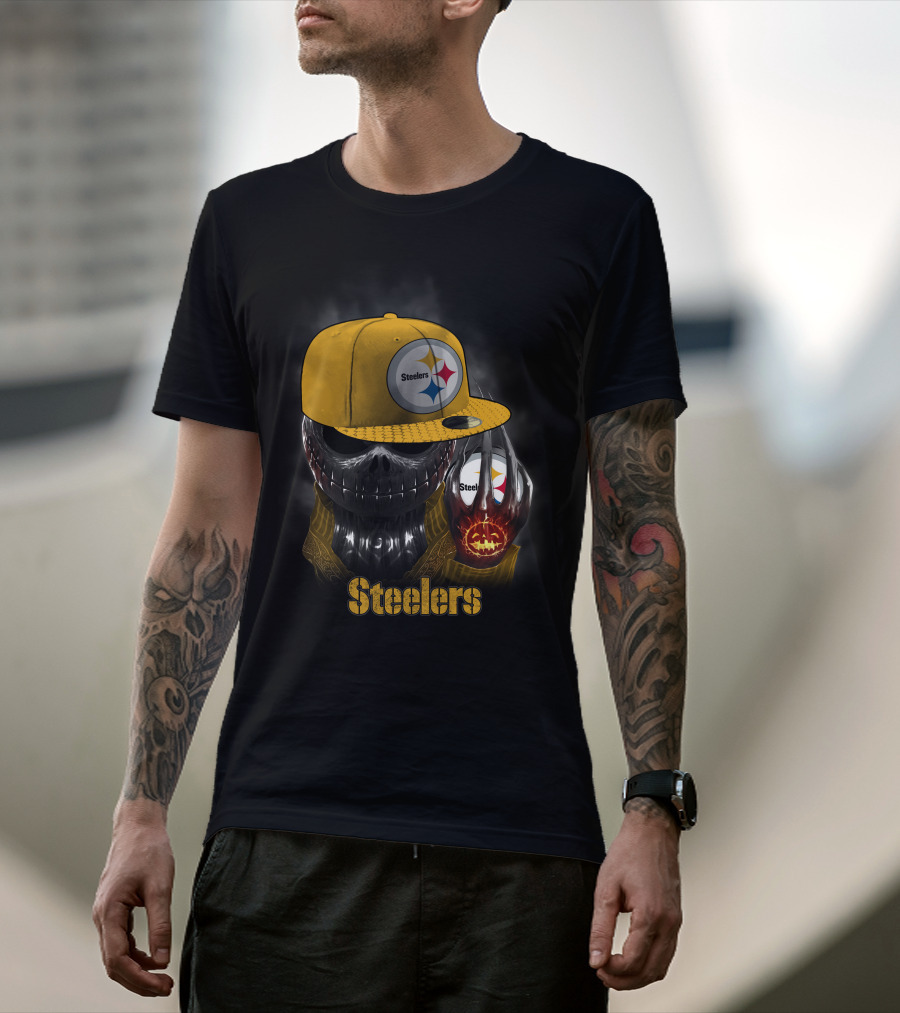Steelers Skull With Yellow Cap And Pumpkin-Hand T-Shirt