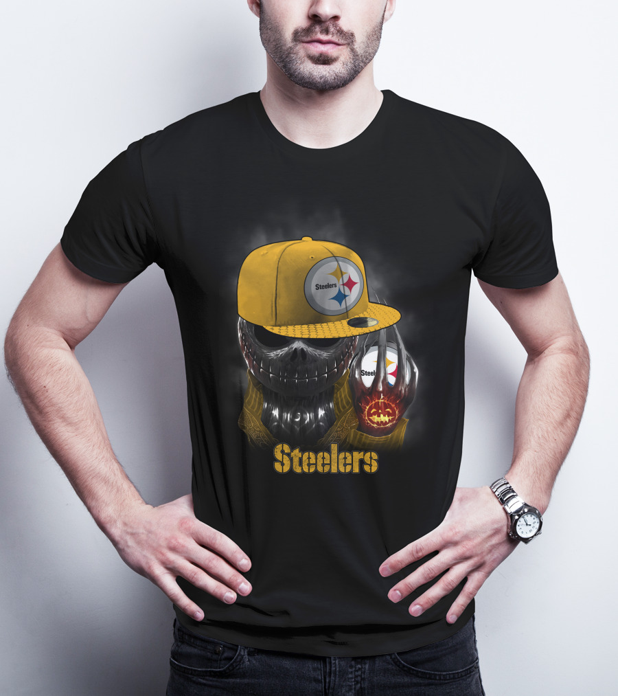 Steelers Skull With Yellow Cap And Pumpkin-Hand T-Shirt