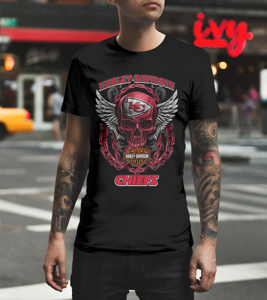 Harley Davidson Kansas City Chiefs Nfl Motorcycles 04 Chiefs Logo Skull Wings T-Shirt
