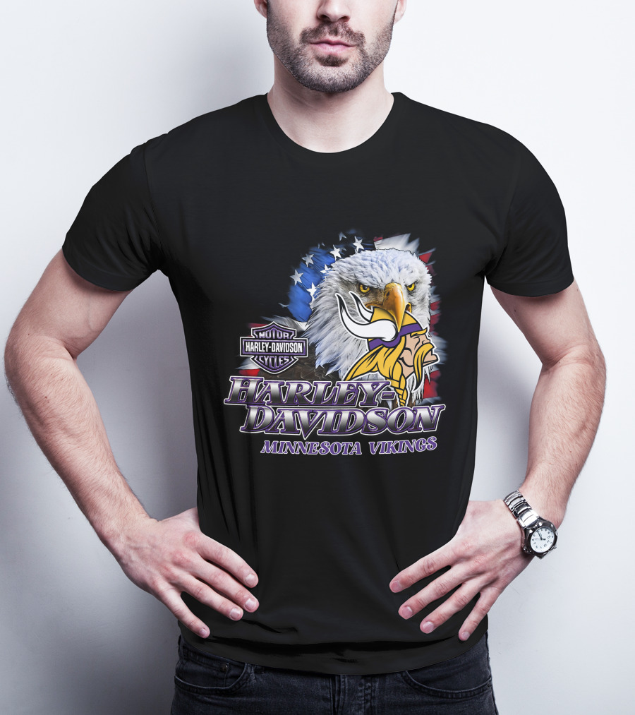 Harley Davidson Minnesota Vikings Nfl Eagles American Flag T-Shirt