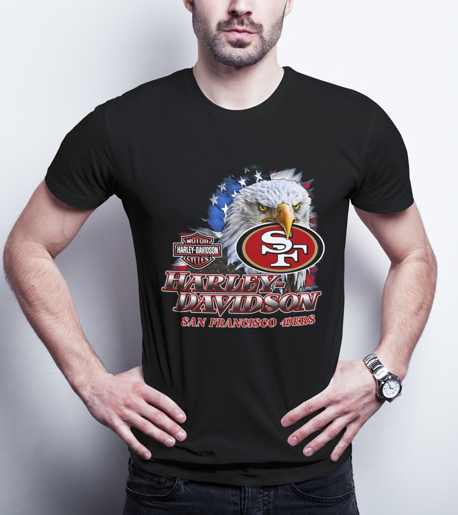 Harley Davidson San Francisco 49ers Nfl Eagles Logo With American Flag T-Shirt
