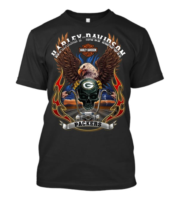 Harley Davidson Motor Cycles Packers Green Bay Eagle Skull T-Shirt