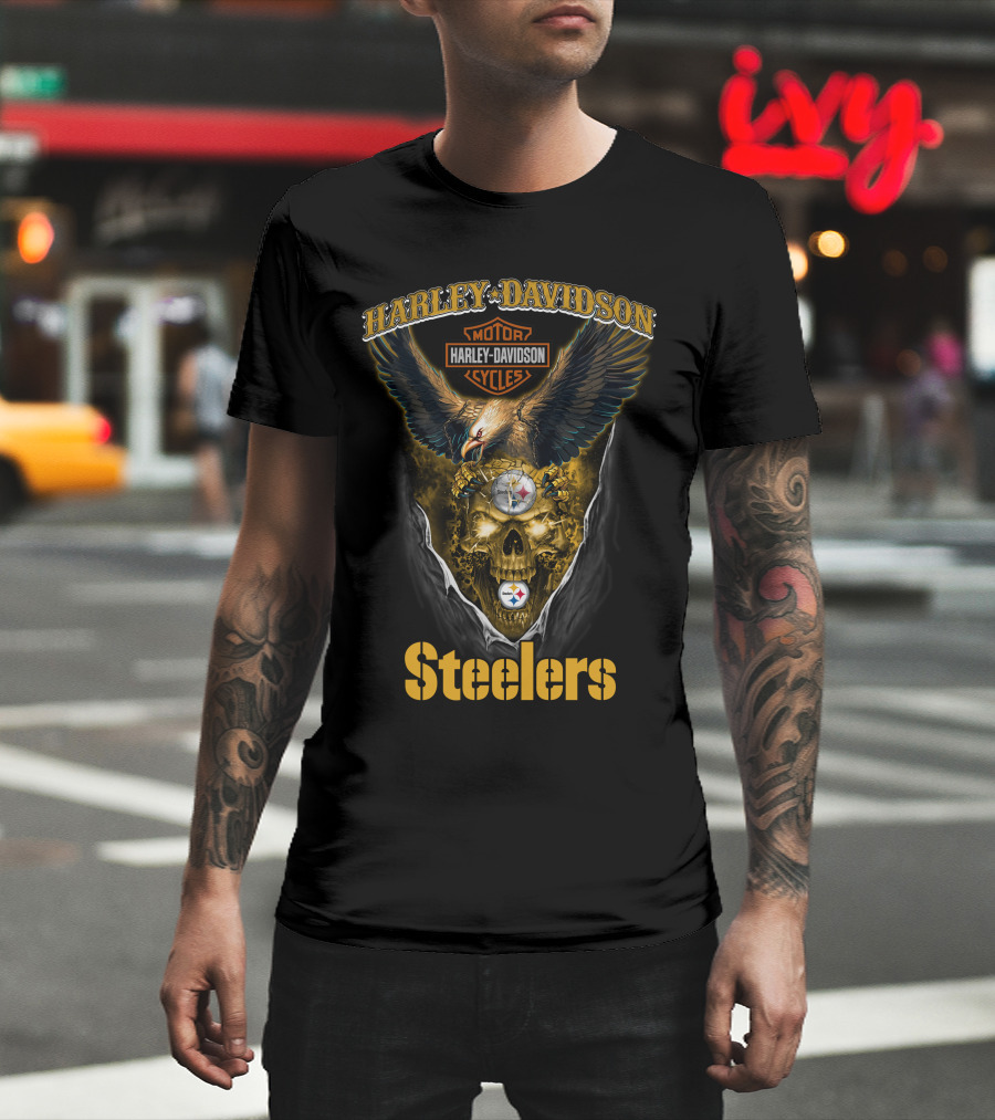 Harley Davidson Motor Cycles Pittsburgh Steelers Skull Eagle T-Shirt