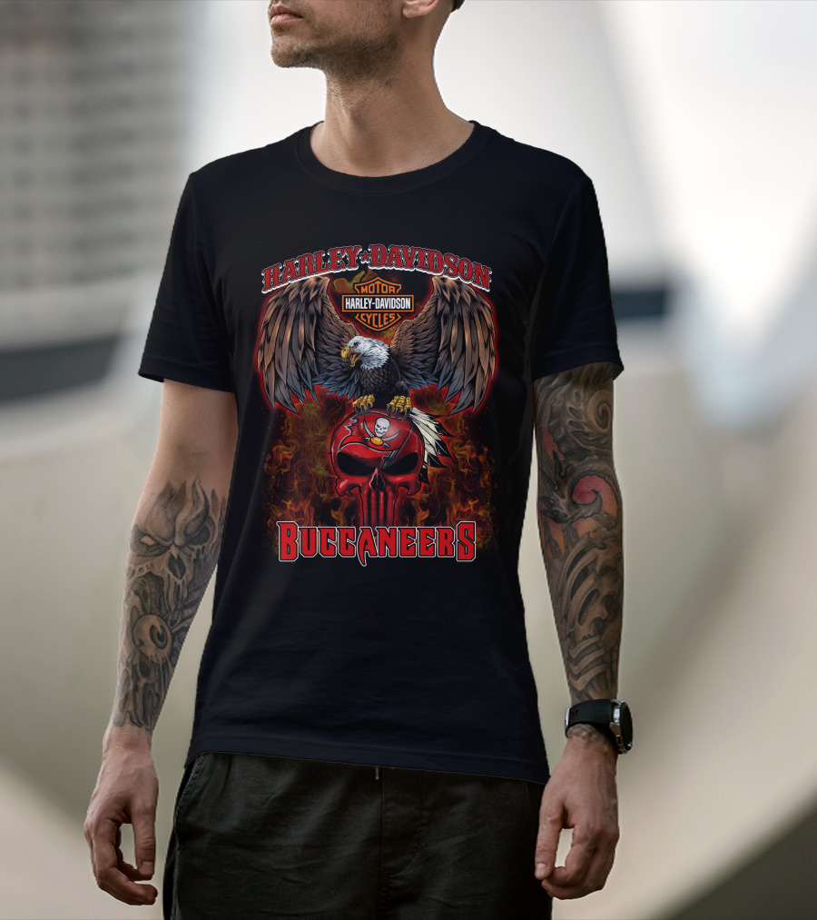 Harley Davidson Motor Cycles Eagle Skull Buccaneers Nfl T-Shirt