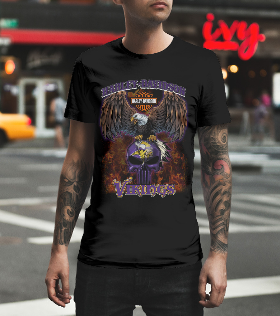 Harley Davidson Motor Cycles Minnesota Vikings Nfl Eagle Skull Flames T-Shirt