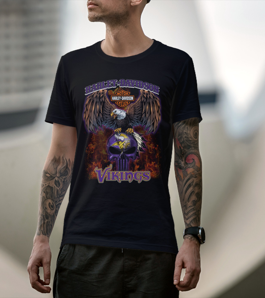 Harley Davidson Motor Cycles Minnesota Vikings Nfl Eagle Skull Flames T-Shirt