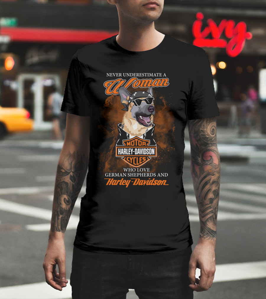 Never Underestimate A Woman Who Love German Shepherds And Harley Davidson Motorcycles T-Shirt