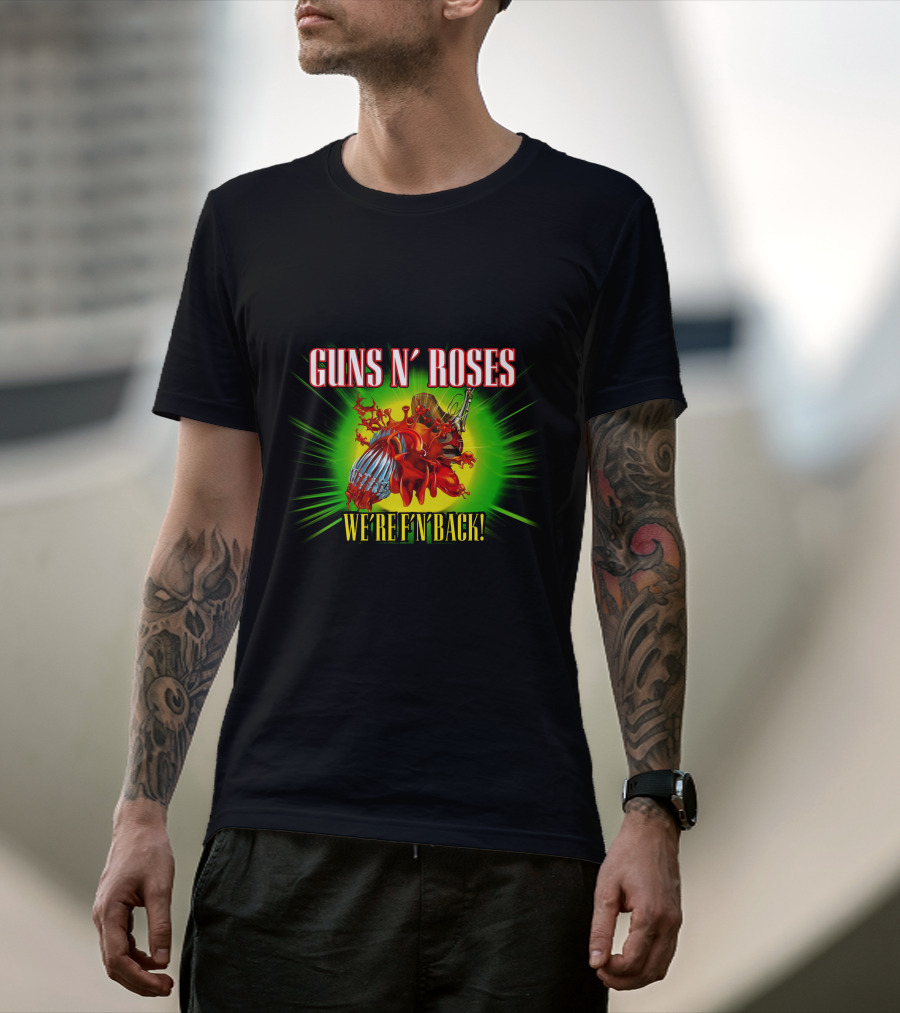 Guns N' Roses We're F'n Back Heart And Guns Burst T-Shirt