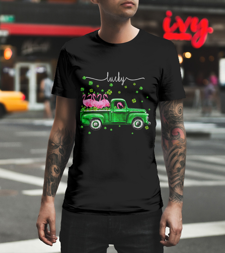 Lucky Flamingo Green Truck With Shamrocks T-Shirt