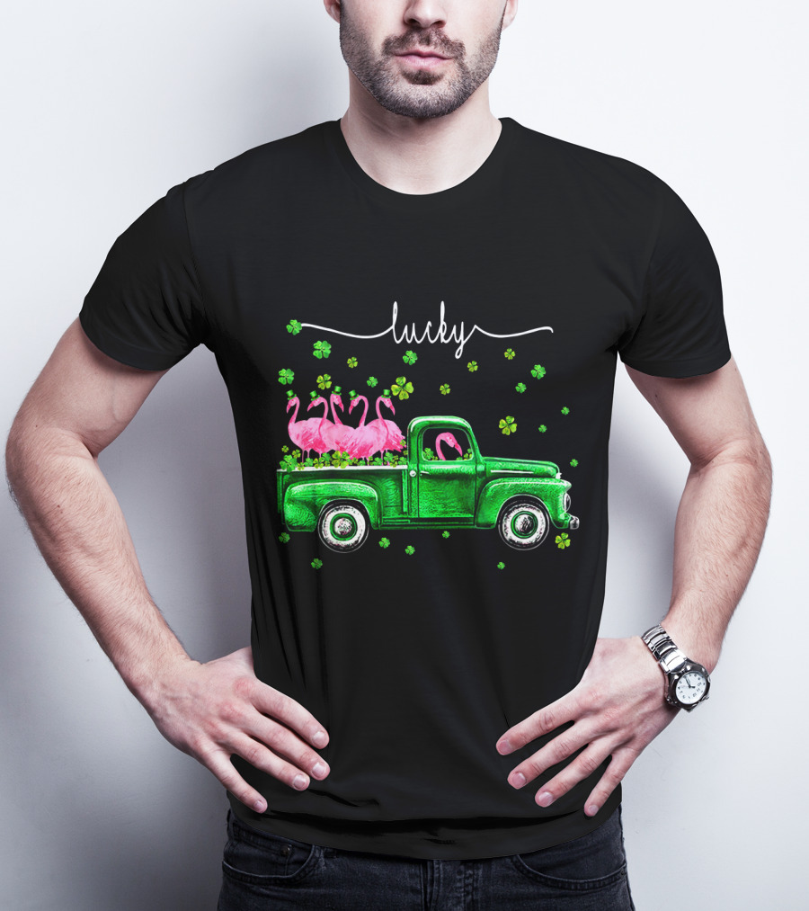 Lucky Flamingo Green Truck With Shamrocks T-Shirt