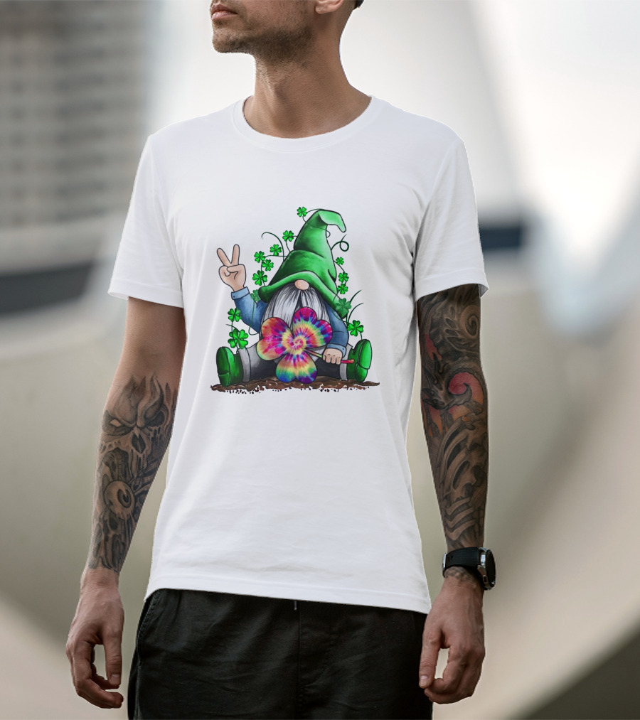 Shamrock Hippie Gnome Peace Sign Tie-Dye Clover Saint Patrick's Day T-Shirt