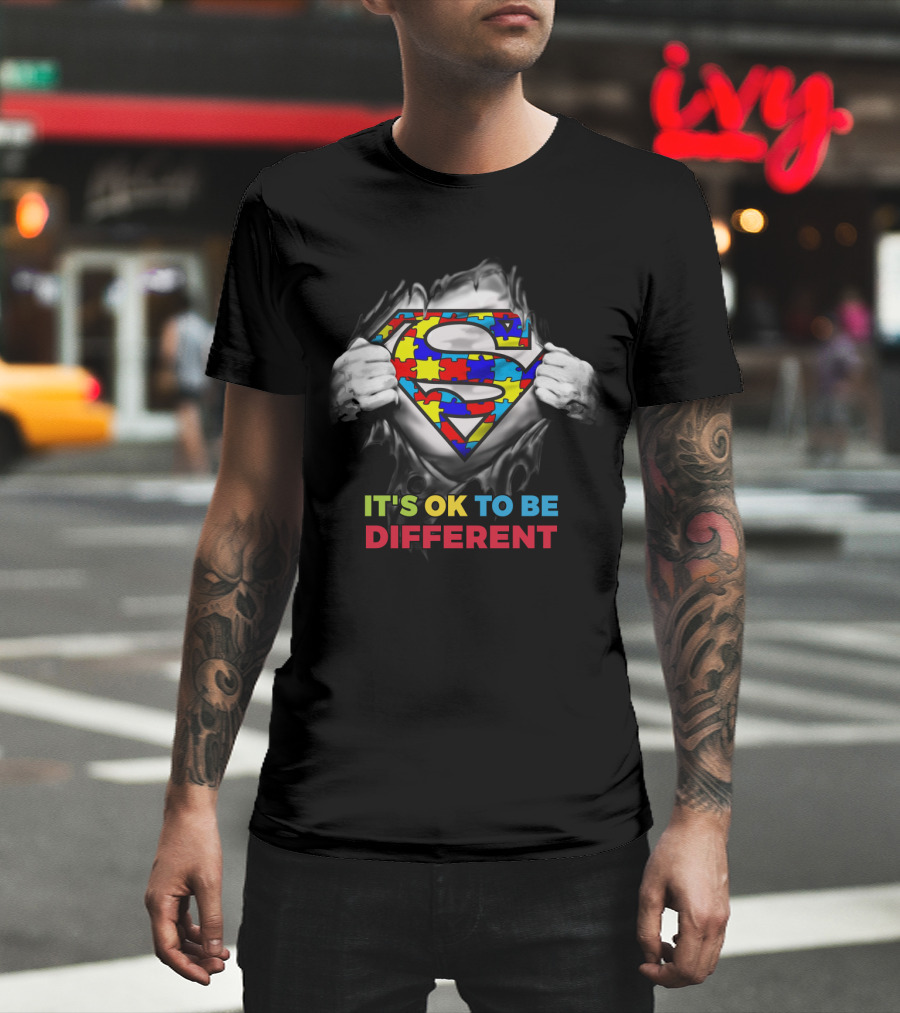 It's Ok To Be Different Superman Logo Autism Puzzle Piece Theme T-Shirt