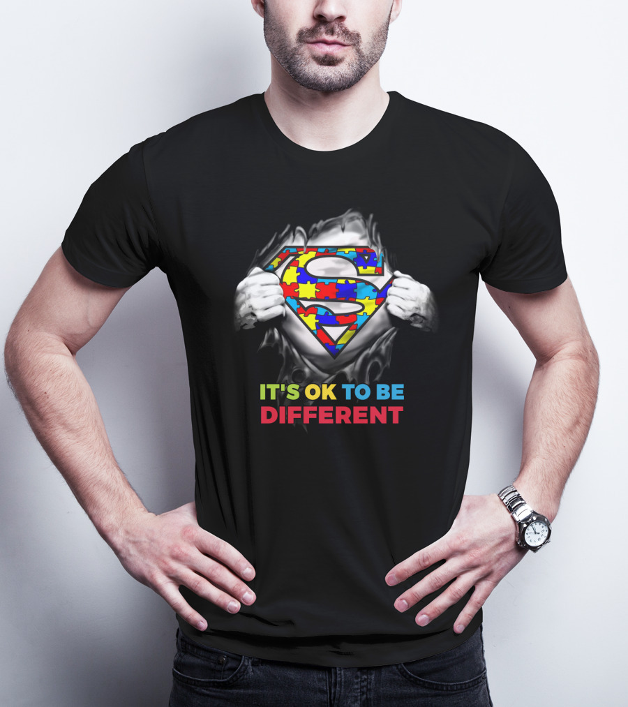 It's Ok To Be Different Superman Logo Autism Puzzle Piece Theme T-Shirt