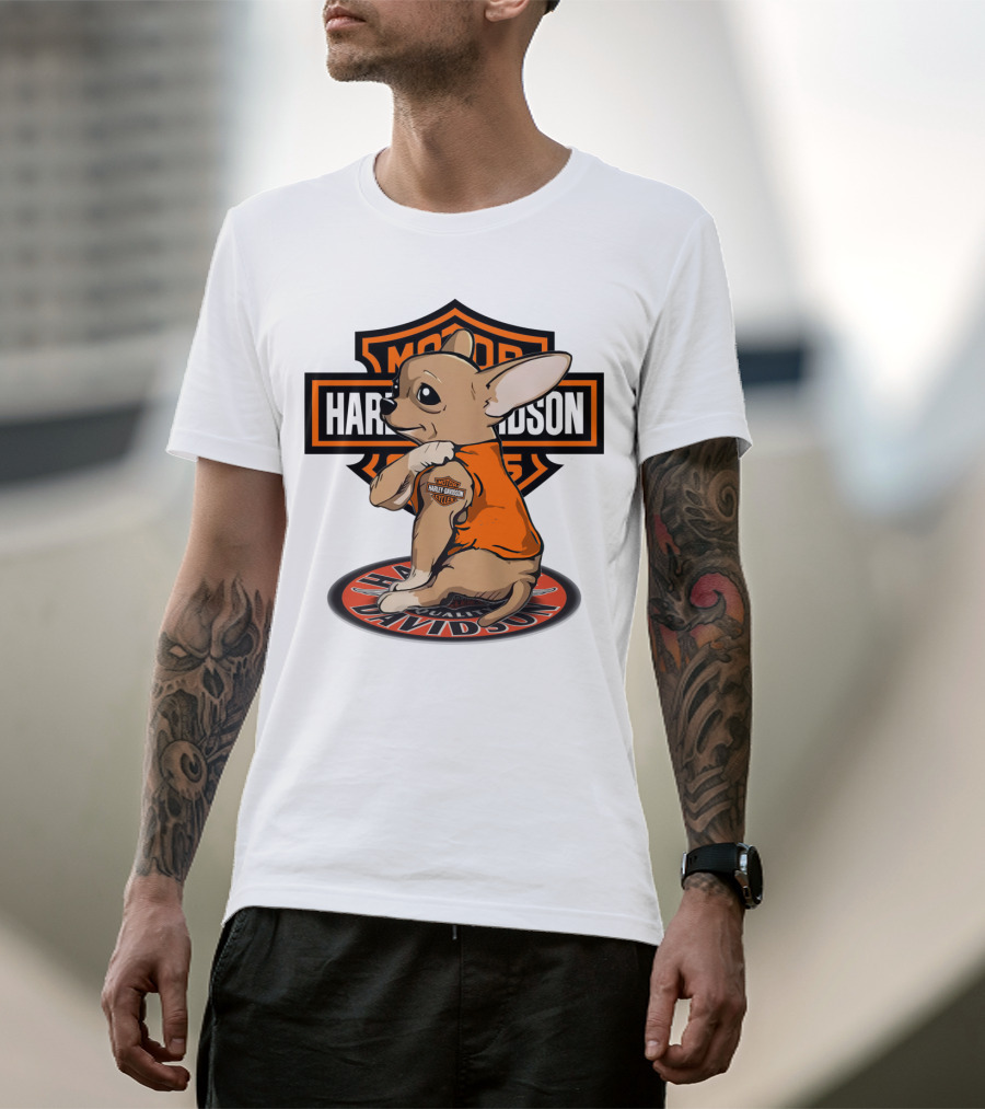Harley Davidson Chihuahua With Orange Jacket And Motor T-Shirt
