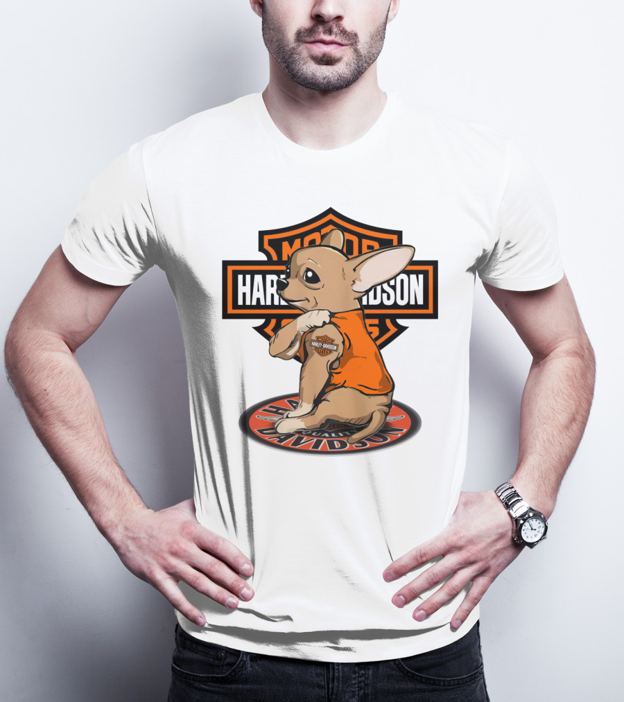 Harley Davidson Chihuahua With Orange Jacket And Motor T-Shirt