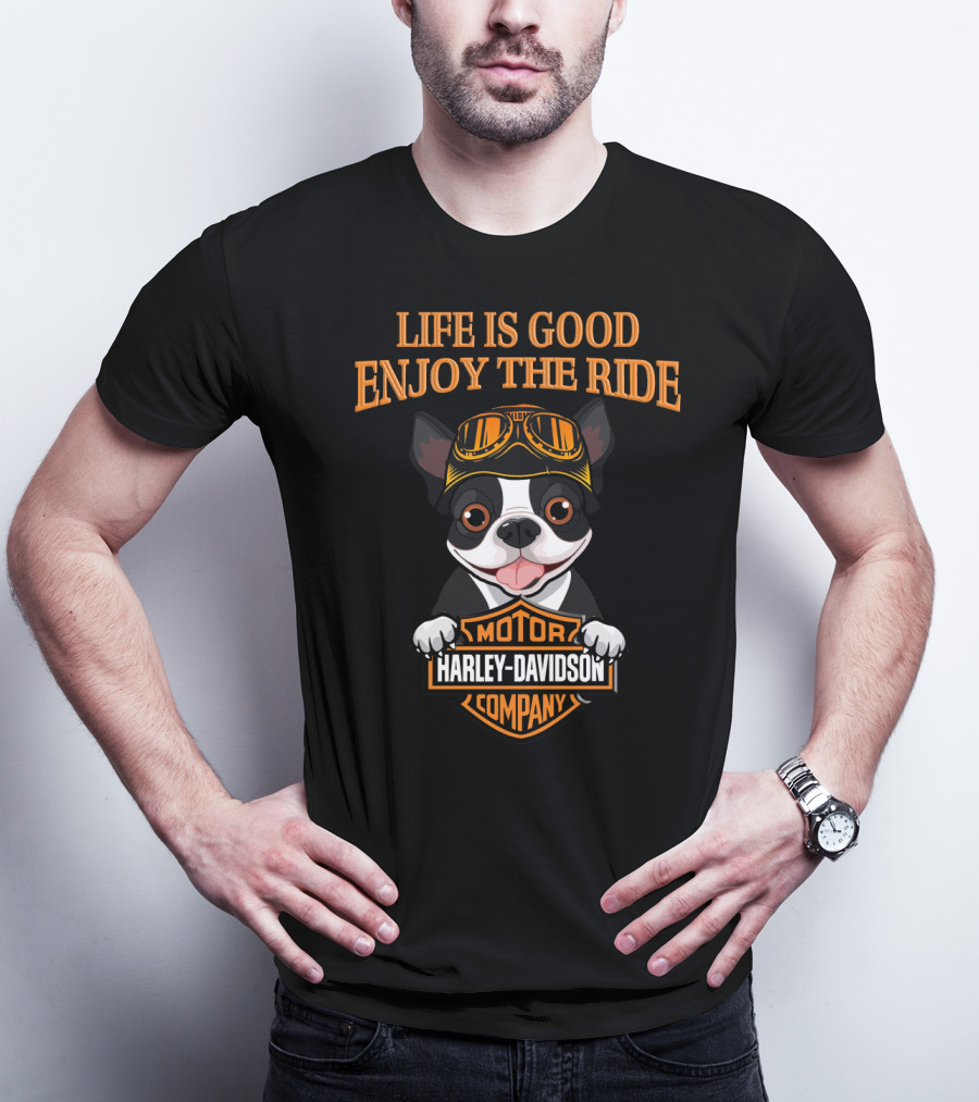 Life Is Good Enjoy The Ride Harley Davidson Boston Terrier T-Shirt