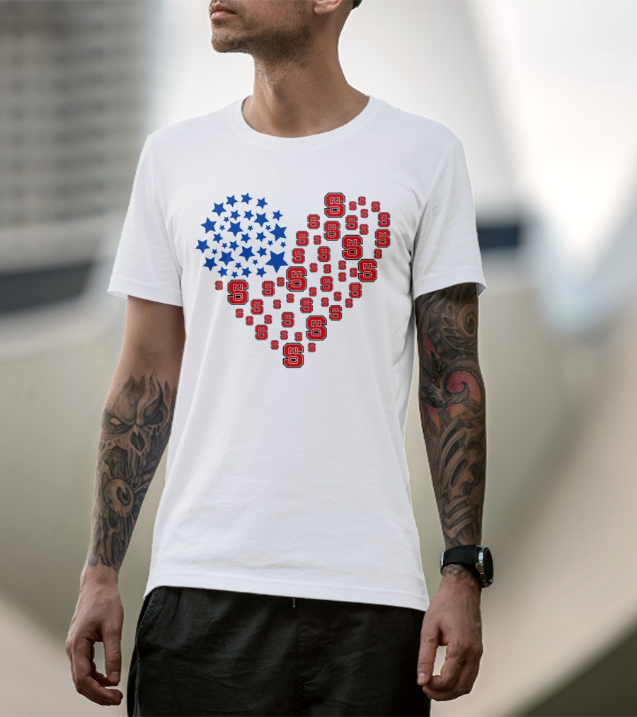 Nc State Heart Flag Blue Stars Red Logos T-Shirt