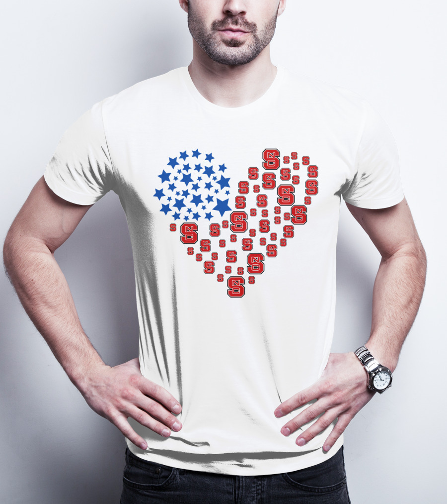 Nc State Heart Flag Blue Stars Red Logos T-Shirt