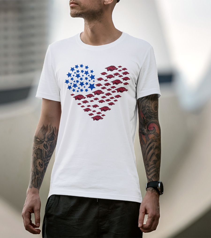 Arkansas Razorbacks Heart Flag Ncaa 22 Stars And Hogs T-Shirt