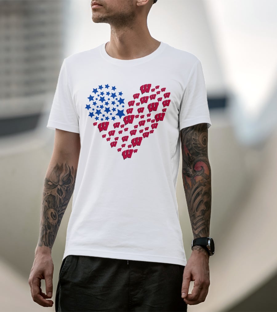 Wisconsin Badgers Heart Blue Stars Red W T-Shirt