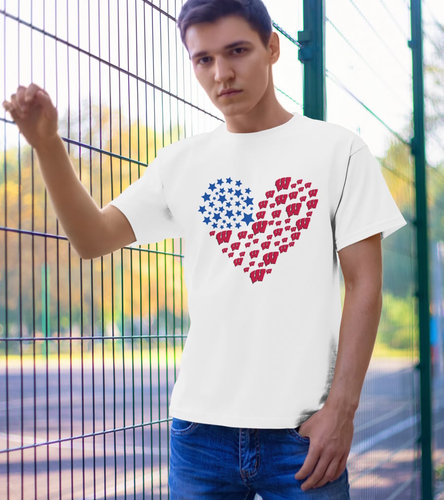 Wisconsin Badgers Heart Blue Stars Red W T-Shirt