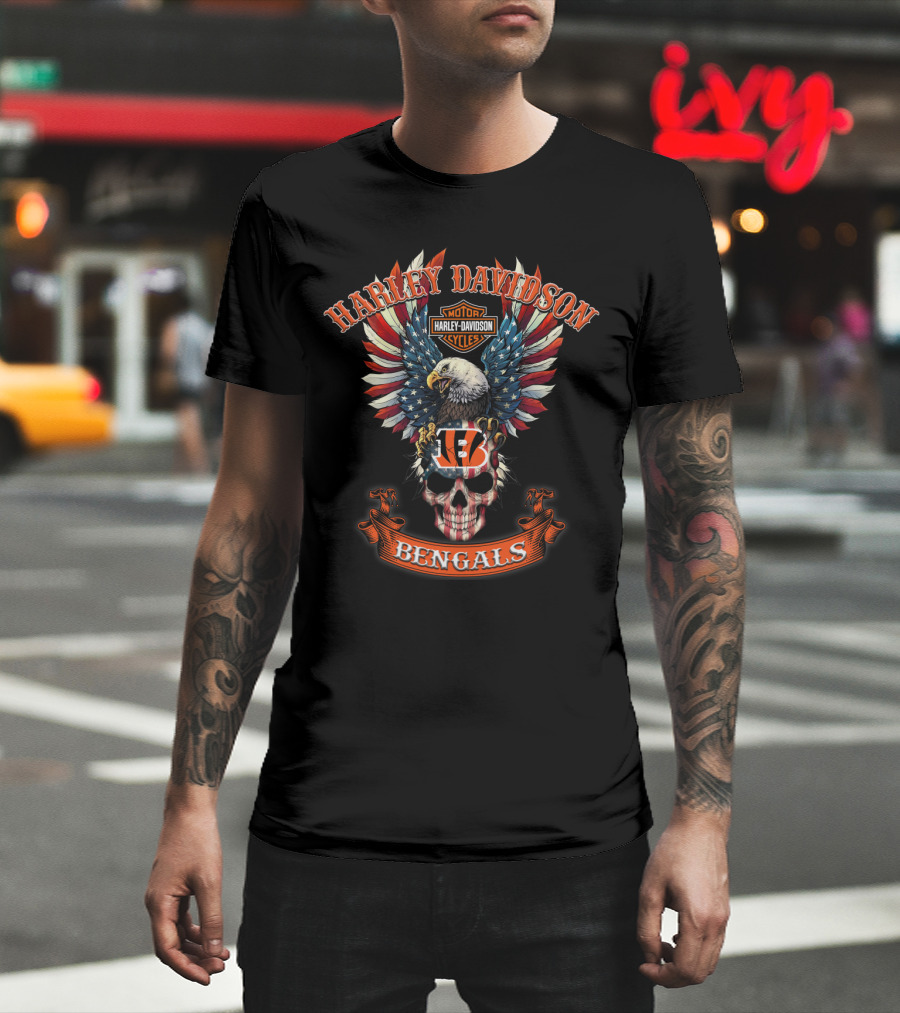 Harley Davidson Motor Cycles Eagle Bengals Nfl Skull T-Shirt