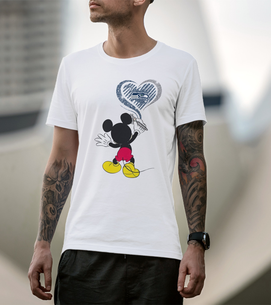 Mickey Mouse Drawing Seattle Seahawks Heart T-Shirt