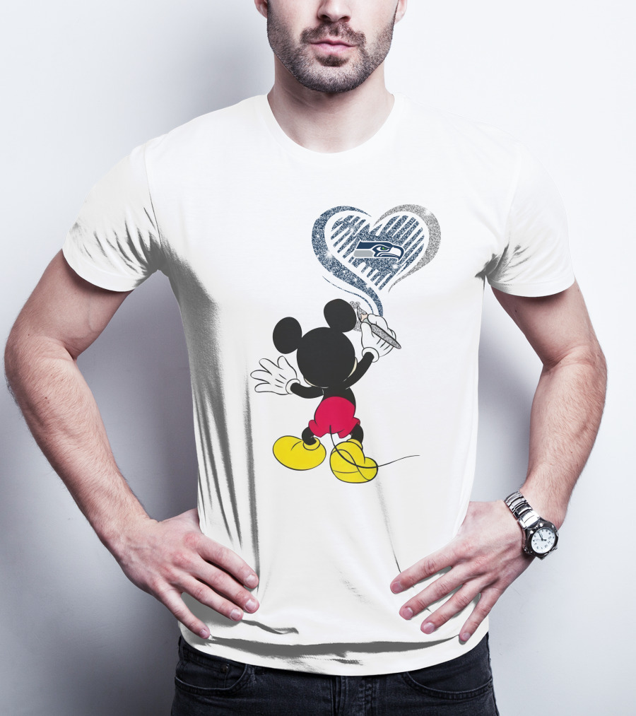 Mickey Mouse Drawing Seattle Seahawks Heart T-Shirt