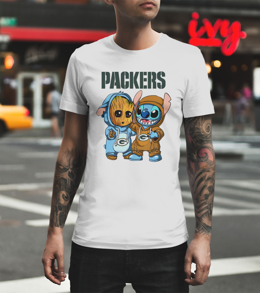Packers Groot And Stitch Hug Wearing Green Bay Packers Hoodies T-Shirt